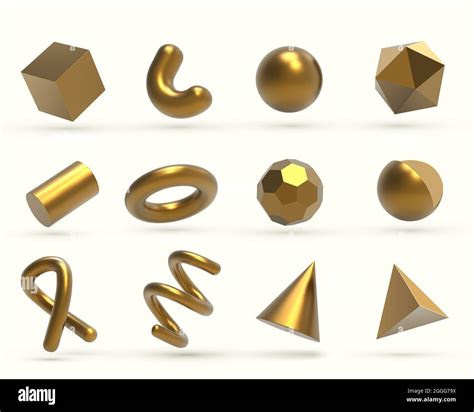Realistic 3d Golden Geometric Shapes Objects Realistic Geometry Elements Isolated On White