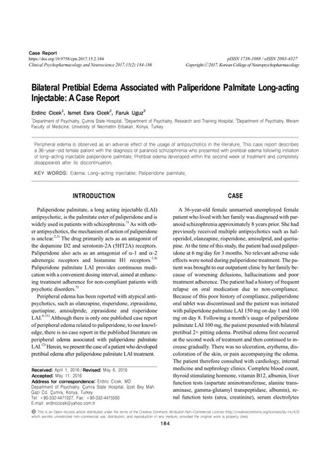 Pdf Bilateral Pretibial Edema Associated With Paliperidone Palmitate Long Acting Injectable A