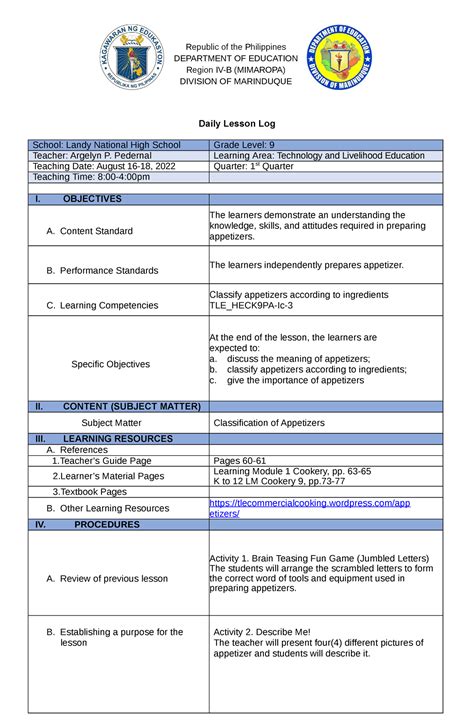Daily Lesson Log Jhvjvk Republic Of The Philippines Department Of Education Region Iv B