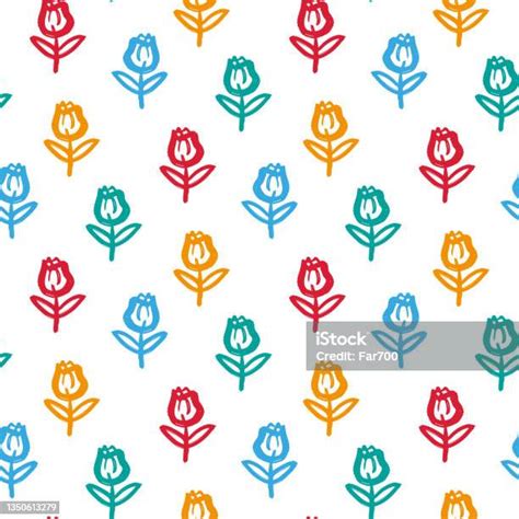 흰색 배경에 고립 된 아름다운 밝은 다채로운 다채로운 여러 가지 빛깔의 꽃 귀여운 꽃 원활한 패턴 벡터 플랫 그래픽 손 그린 그림 텍스처 그리기에 대한 스톡 벡터 아트 및