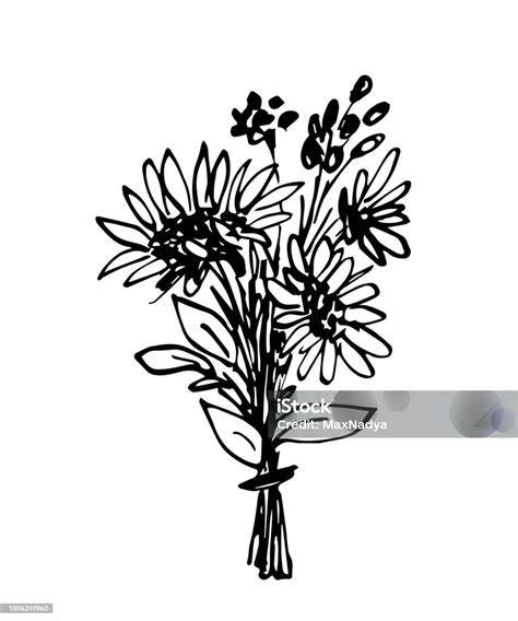 검은 윤곽에 손으로 그린 간단한 꽃 벡터 그리기 열매 해바라기와 귀여운 아름다운 가을 여름 꽃다발 축제 계절 디자인 엽서 초대장 0명에 대한 스톡 벡터 아트 및 기타 이미지