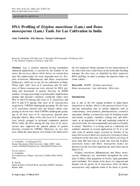 Pdf Dna Profiling Of Ziziphus Mauritiana Lam And Butea Monosperma