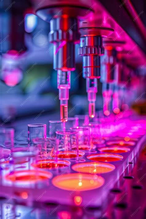 Premium Photo Futuristic Laboratory Automation Neon Lights And Robotic Handling Test Tubes