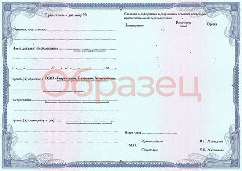 Образец приложения к диплому — Современные Технологии Безопасности