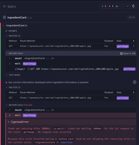 component testing tercept not caught by cy wait in beforeeach