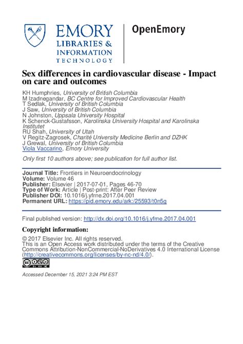 Pdf Sex Differences In Cardiovascular Disease Impact On Care And Outcomes