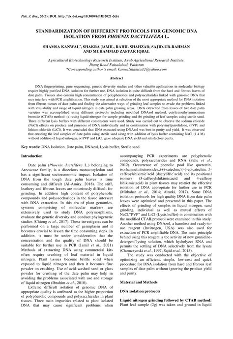 Pdf Standardization Of Different Protocols For Genomic Dna Isolation From Phoenix Dactylifera L
