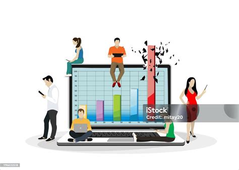 비즈니스 그래프 성장 개념 벡터 일러스트는 팀으로 일하고 성장 차트에 앉아 전문 사람들의 그림 랩톱을 사용하여 비즈니스를 개발하는 플랫 사람들 플랫 남녀 큰 노트북에 여자