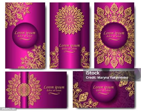 보라색 배경에 황금 만다라 금색 민족 장식품이 있는 5개의 호화로운 배경 세트 엽서 표지 라벨 포장 명함 디자인의 동양 패턴 0명에 대한 스톡 벡터 아트 및 기타 이미지