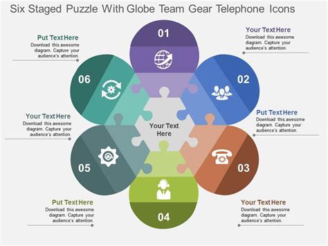 Six Staged Puzzle With Globe Team Gear Telephone Icons Flat Powerpoint Design PowerPoint Slide