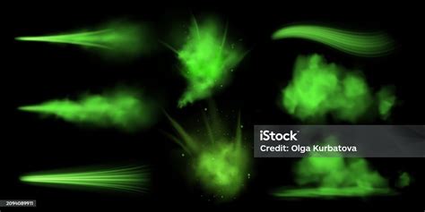 산성 스프레이와 구름 사실적인 녹색 입자가 날아가고 악취의 상징으로 유독성 연기가 납니다 상하고 유독한 제품 화학 증기 공기 중의 미스트 방울 벡터 격리 세트 3차원 형태에