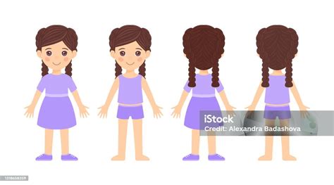 드레스 앞면과 뒷면보기에서 아름다운 어린 소녀 수영복에 피그 테일과 고립 된 아이 플랫 컬러 만화 스타일 흰색 배경입니다 벡터