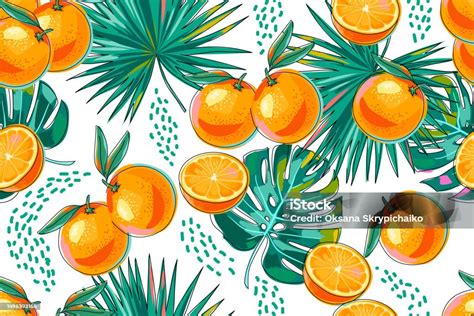 오렌지 과일 몬스테라 잎 야자수 이음매 없는 패턴 흰색에 과일과 나뭇잎이 있는 여름 배경 밝은 트로피컬 프린트 전체 과일과 반쪽