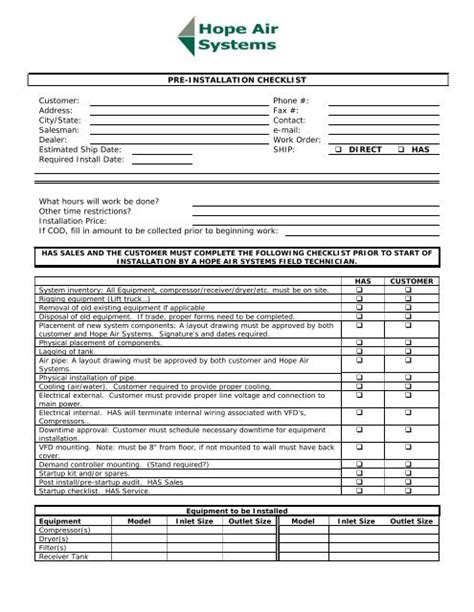 Pre Installation Checklist Customer Hope Air Systems