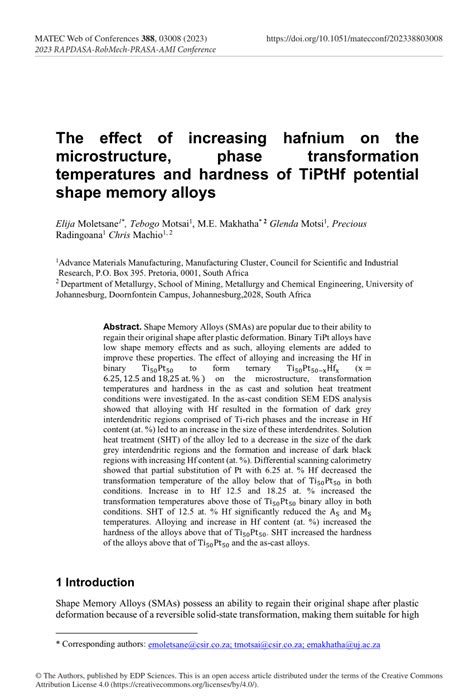Pdf The Effect Of Increasing Hafnium On The Microstructure Phase Transformation Temperatures