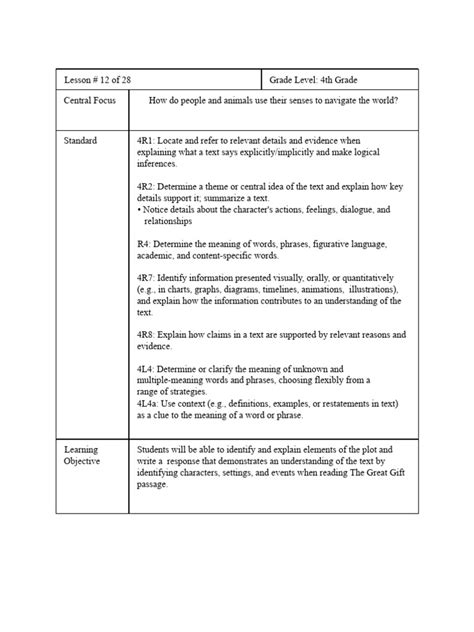 4th Grade Lesson Plan Story Elements Pdf Cognition Cognitive Science