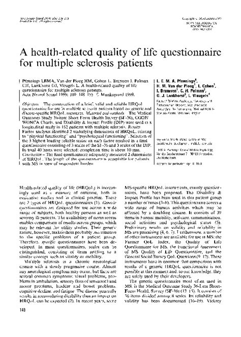 Pdf A Health Related Quality Of Life Questionnaire For Multiple Sclerosis Patients