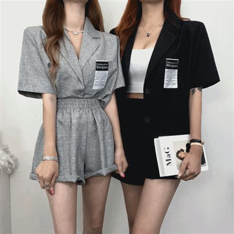 [세트가격] 패치 패드 반팔 자켓 밴딩 숏 팬츠 투피스 2color 에이블리