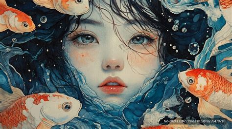 ai创作图人物锦鲤插画 驾驭鱼的少女 海底世界唯美女孩 创意金鱼潮流插画 抱着锦鲤的女孩 美人殖鱼图 梦幻锦鲤装饰画 超写实插画 写实唯美插画