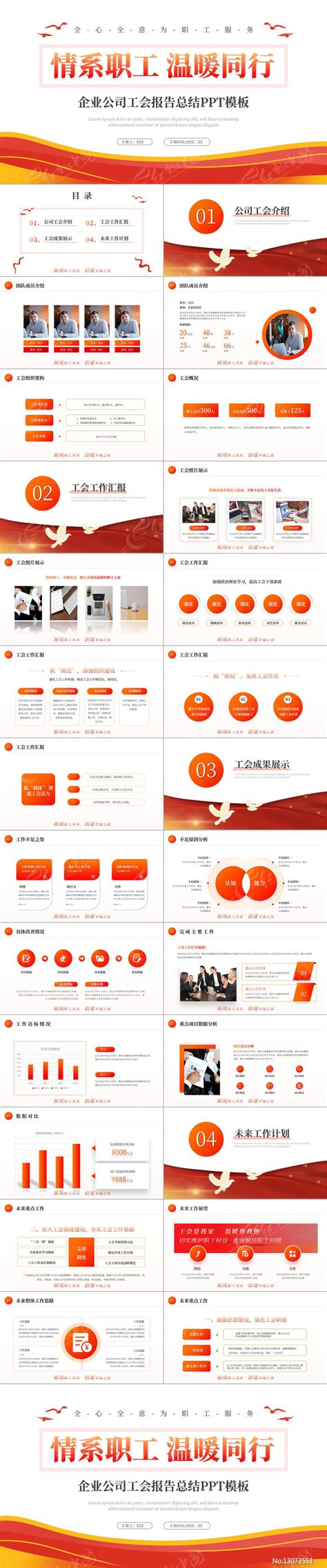 红色简约公司工会报告工作总结ppt模板下载红动中国