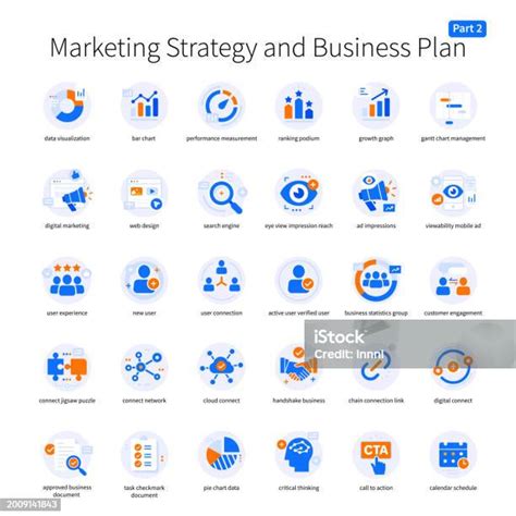 마케팅 전략 및 사업 계획 아이콘 세트 파트 2 오렌지 블루 색상 아이콘에 대한 스톡 벡터 아트 및 기타 이미지 아이콘 디지털 마케팅 실톱 Istock