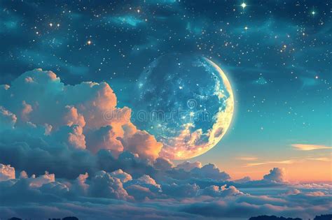 A Crescent Moon With Stars And Clouds In The Sky Pastel Colors Create A Dreamy Atmosphere Stock