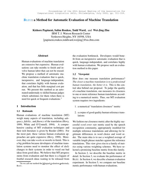 PDF BLEU A Method For Automatic Evaluation Of Machine Translation