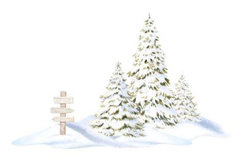 파스텔 크리스마스 나무 눈 더미 언덕에서 자라는 수채화 그림 새해 복 많이 받으세요 카드와 귀여운 인사말 디자인을 위해 흰색에 고립되어 있습니다 눈과 나무 간판이 있는