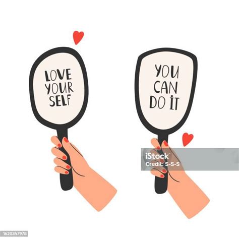 자기 수용 개념 자신을 사랑하십시오 자존감 벡터 그림입니다 거울을 들고 있는 행복한 남자 손 감정에 대한 스톡 벡터 아트 및