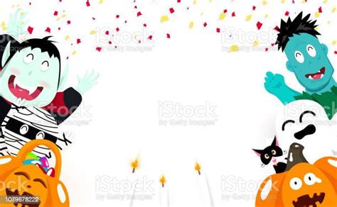 할로윈 떨어지는 색종이 뱀파이어 호박 미 라 고양이 짜증과 좀비 만화 귀여운 캐릭터 깜짝 축 하 축제 포스터 초대장 카드 휴가 배경 벡터 일러스트 레이 션 10월에 대한