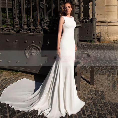 우아한 심플한 민소매 웨딩 드레스 바닥길이 스쿱 섹시한 오픈 백 시스 가운 여성용 스윕 기차결혼식 드레스 Aliexpress