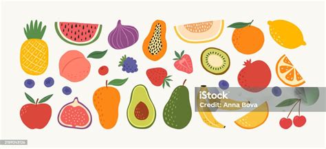 손으로 그린 다채로운 과일과 열매 트렌디한 추상적인 미니멀 스타일 천연 열대 과일 무화과 체리 사과 복숭아 레몬 바나나 아보카도 석류 파인애플 멜론 벡터 일러스트 레이