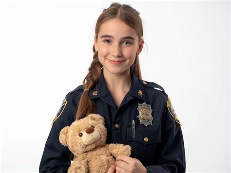 Девушка в полицейской форме с плюшевым медведем Премиум Ai сгенерированное изображение