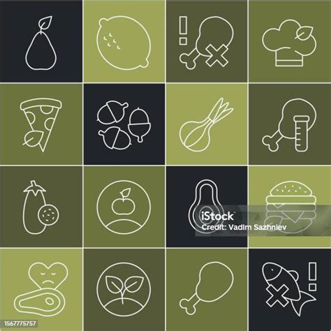 생선 없음 비건 음식 다이어트 유전자 변형 닭고기 다리 도토리 피자 슬라이스 배 및 양파 아이콘을 설정합니다 벡터 가을에 대한 스톡 벡터 아트 및 기타 이미지 Istock