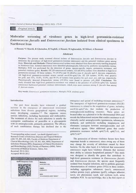 Pdf Molecular Screening Of Virulence Genes In High Level Gentamicin Resistant Enterococcus
