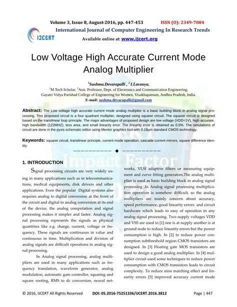 Pdf Low Voltage High Accurate Current Mode Analog Multiplier · 2016