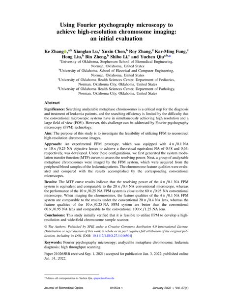 Pdf Using Fourier Ptychography Microscopy To Achieve High Resolution Chromosome Imaging An