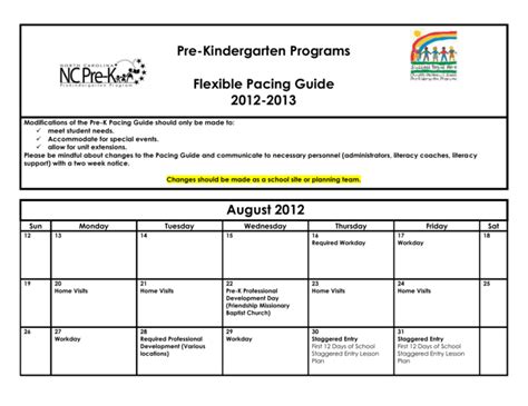 Pre Kindergarten Programs Flexible Pacing Guide 2012