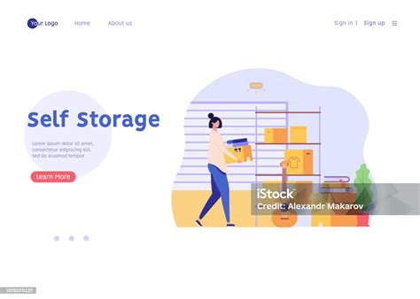 렌트 셀프 스토리지 유닛에 개인 물품을 보관하는 여성 미니 차고를 대여하십시오 자체 저장 장치 작은 미니 창고 임대 차고의 개념 웹 배너를 위한 플랫 디자인의 벡터