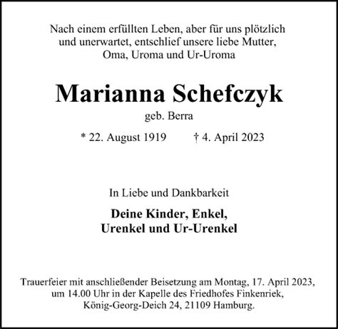 Traueranzeigen Von Marianna Schefczyk Hamburgertrauerde