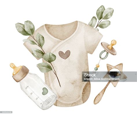 젖꼭지 젖병 딸랑이 부드러운 파텔 중성 색상의 잎이 있는 아기 바디수트의 수채화 그림 아기 샤워 초대장 또는 신생아 파티 인사말 카드를위한 유치한 Onesie의 그림 0명에