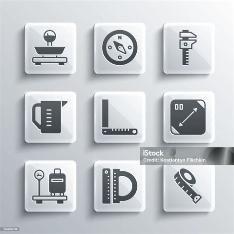 각도기 및 눈금자 측정 테이프 대각선 측정 모서리 여행 가방이 있는 저울 컵 저울 및 캘리퍼 캘리퍼스 저울 아이콘을 설정합니다