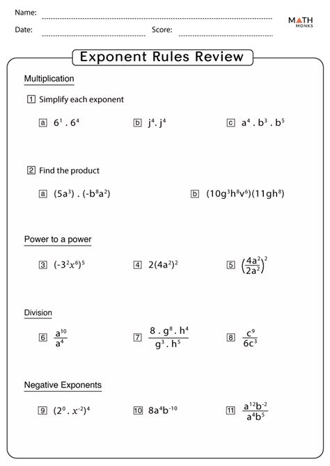 Exponent Rules Review Worksheet With Answers
