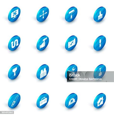 세트 휠 렌치 페인트 롤러 브러시 산업 파이프 퍼티 나이프 해머 Rasp 금속 파일 및 그래프 용지 및 아이콘 벡터 3차원 형태에 대한 스톡 벡터 아트 및 기타 이미지