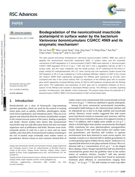 Pdf Biodegradation Of The Neonicotinoid Insecticide Acetamiprid In Surface Water By The
