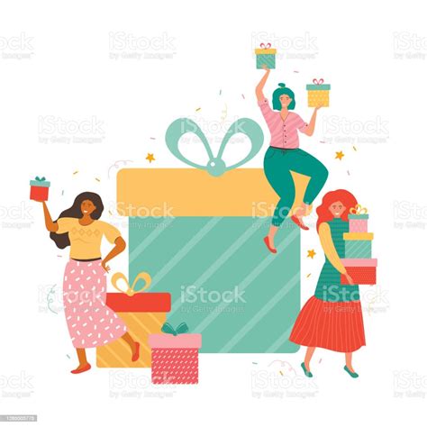 거대한 선물 상자와 그룹 행복 작은 여성 선물의 무리와 함께 사람들은 선물 상자를 들고 생일 크리스마스 새해 또는 중요한
