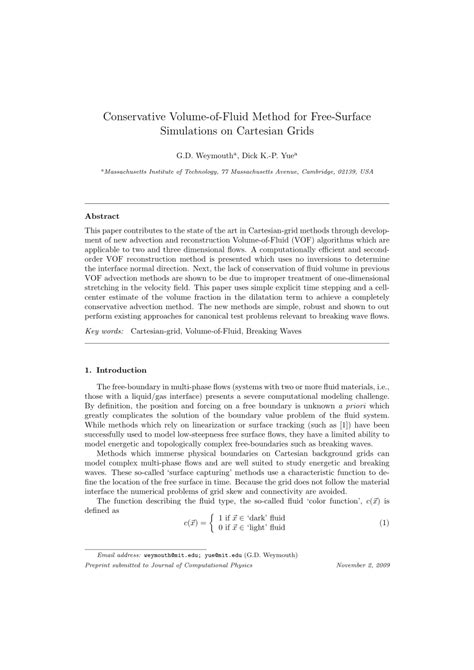 Pdf Conservative Volume Of Fluid Method For Free Surface Simulations On Cartesian Grids