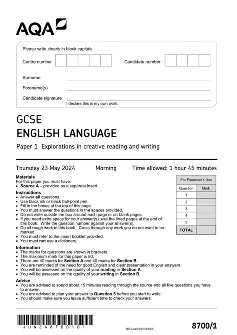 Aqa Gcse English Language Paper 1 And 2 June 2024 Question Paper S And Mark Schemes Stuvia Us