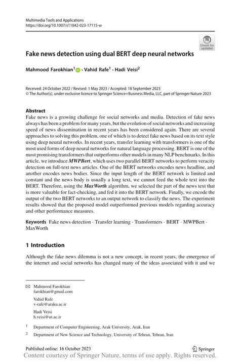 Fake News Detection Using Dual Bert Deep Neural Networks Request Pdf