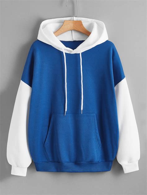 Colourblock Drawstring Pocket Hoodie Moletom Largo Moletom Azul